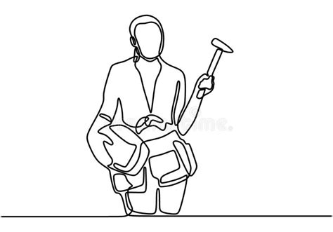 Single Continuous Line Drawing Of Girl Holding Helmet And Hammer Professional Woman Worker