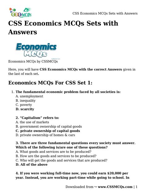Css Economics Mcqs Sets With Answers Download Free Pdf Elasticity