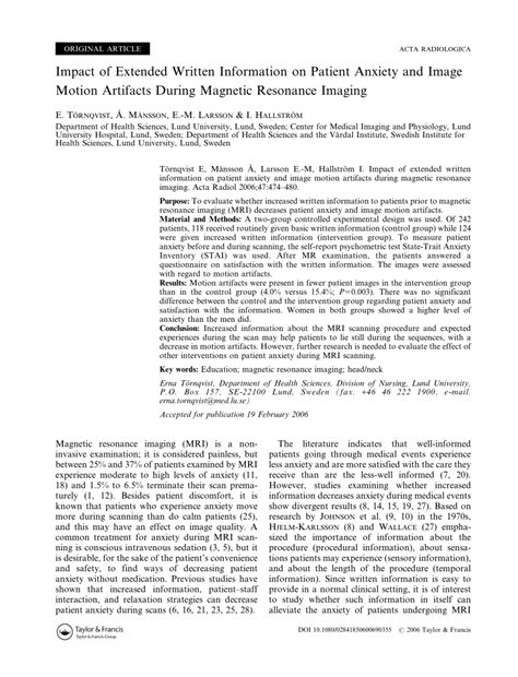 Pdf Impact Of Extended Written Information On Patient Anxiety And Image Motion Artifacts