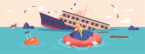 Premium Vector Shocked Woman Swim On Lifebuoy Trying To Survive In