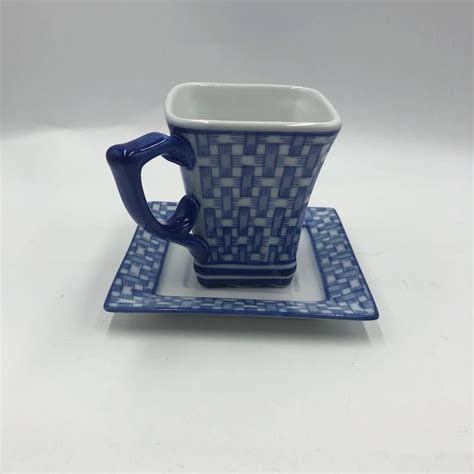 Vintage Pacific Rim Blue Square Tea Coffee Cup And Saucer Basket Weave