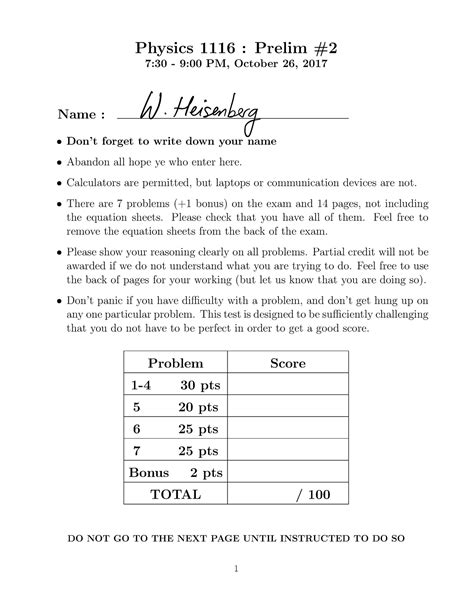 Prelim Solutions Physics Prelim PM October Name Dont