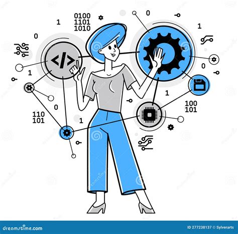 Computer Engineer In Work Vector Outline Illustration Programmer And System Administrator Doing