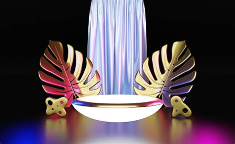 연단이 비어 있고 현대적인 무대 디스플레이와 미니멀리스트 모형 추상 쇼케이스 배경 개념 3d 그림 또는 3d 렌더링을 위한 검은색 구성의 금색 리프 몬스테라가 있는 커튼 0