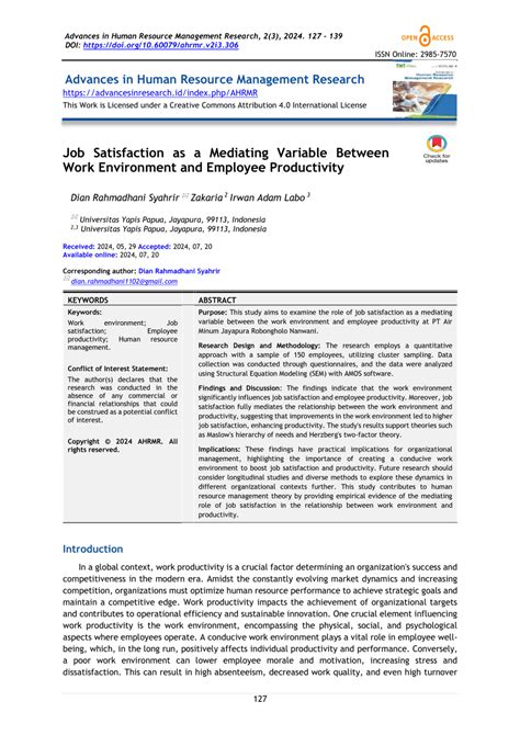 Pdf The Role Of Job Satisfaction As A Mediating Variable Between Work