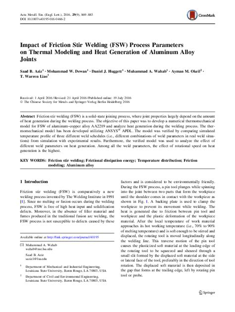 Pdf Impact Of Friction Stir Welding Fsw Process Parameters On Thermal Modeling And Heat