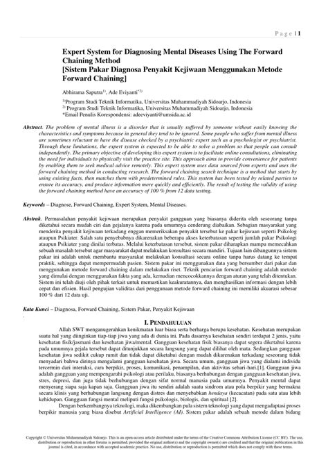 Pdf Expert System For Diagnosing Mental Diseases Using The Forward Chaining Method Sistem