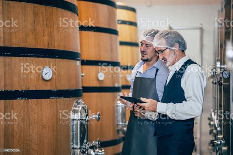 현대 대형 와이너리 공장 주류 음료 산업 품질 및 발효 모니터에서 일하는 와인 메이커 제조에 대한 스톡 사진 및 기타 이미지 제조 팀워크 검사 보기 Istock