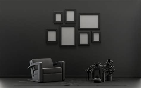 평평한 싱글 파스텔 블랙과 다크 그레이 컬러의 미니멀한 거실 인테리어는 벽과 가구 식물에 7프레임이 있으며 3d 렌더링 액자에 대한 스톡 사진 및 기타 이미지 Istock