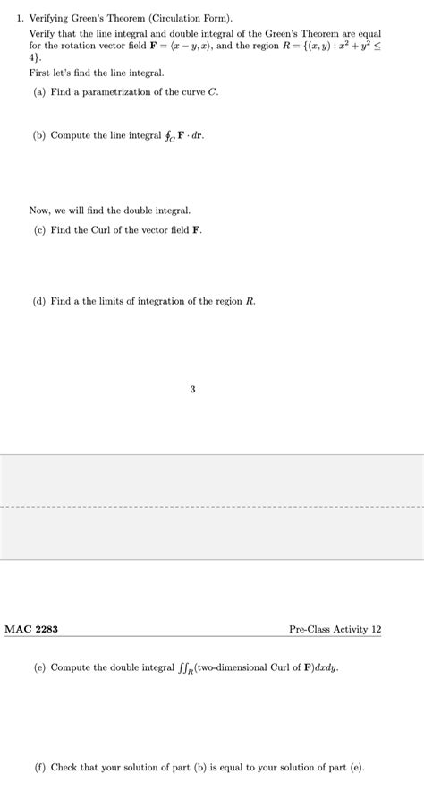 Solved Verifying Green S Theorem Circulation Form Chegg