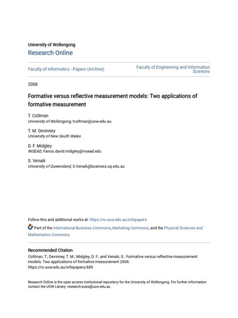 Formative Versus Reflective Measurement Models Two Applications Of Formative Measurement Pdf