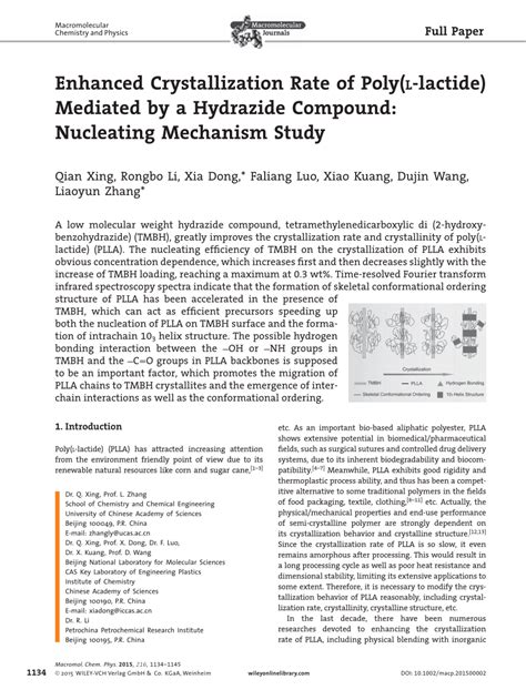 Pdf Enhanced Crystallization Rate Of Polyl Lactide Mediated By A Hydrazide Compound