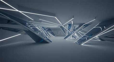 Futuristic Interior Space Featuring Angular Reflective Beams Intersecting At Sha Stock