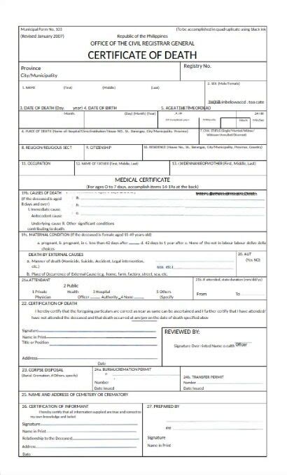 Philippines Office Of The Civil Registrar General Death Certificate