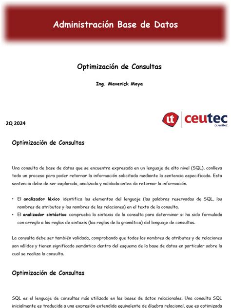 Administración De Base De Datos Optimización De Consultas Pdf