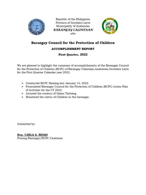 Bcpc Accomplishment 2022 Pdf Philippines