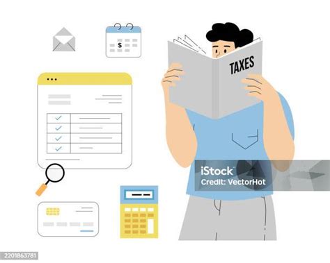 세금 납부 데이터 분석 서류 작업 금융 조사 보고서 세금 장부 회계 장부를 검토하는 남자 고립 된 흰색 배경에 벡터 그림 가계에 대한 스톡 벡터 아트 및 기타 이미지