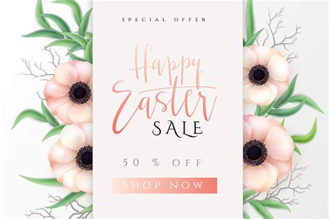 벡터 일러스트 레이 션의 부활절 날 인사말 배너 템플릿 손 글자 레이블행복 한 부활절현실적인 말미 잘 꽃과 유칼립투스 잎 아네모네 꽃에 대한 스톡 벡터 아트 및 기타 이미지