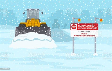 Snowplow Excavator On Winter Highway Wheel Loader Clearing Snow Away Stock Illustration