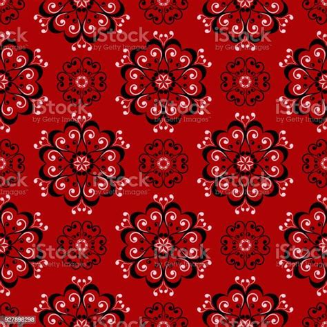 꽃의 완벽 한 패턴입니다 빨간색 바탕에 흑인과 백인 디자인 0명에 대한 스톡 벡터 아트 및 기타 이미지 0명 검은색 꽃무늬 Istock