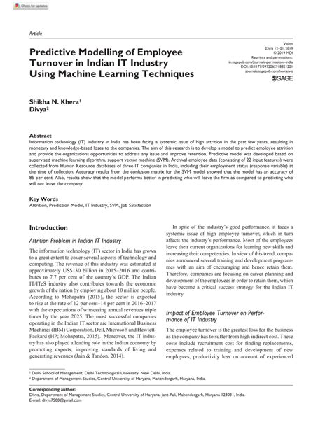 Pdf Predictive Modelling Of Employee Turnover In Indian It Industry