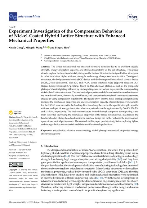 Pdf Experiment Investigation Of The Compression Behaviors Of Nickel Coated Hybrid Lattice