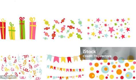 생일 파티 기호 세트 화려한 카니발 축제 디자인 요소 플래그 색종이 과자 선물 흰색 배경에 그림을 벡터 귀여운에 대한 스톡 벡터 아트 및 기타 이미지 Istock