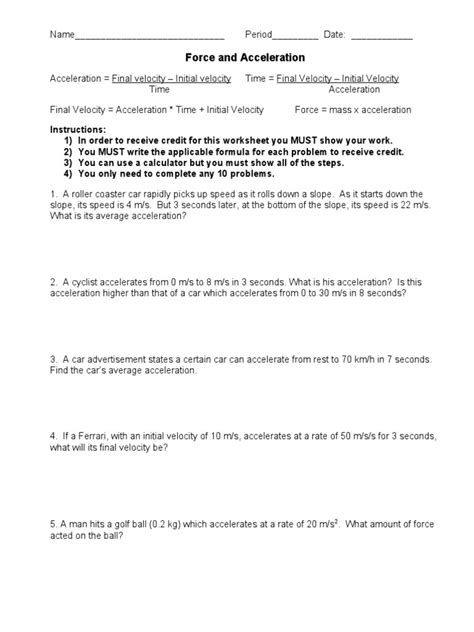 Force And Acceleration Ws Pdf Force Mass Worksheets Library