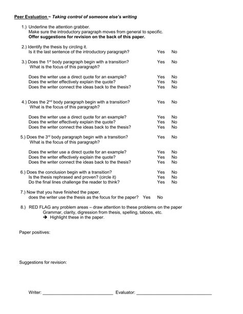 Peer Writing Evaluation Form
