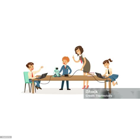 프로그래밍 및 로봇 공학 정보학 강의 학교에서 공부 하는 학생 흰색 배경에 그림을 벡터 4 명에 대한 스톡 벡터 아트 및 기타