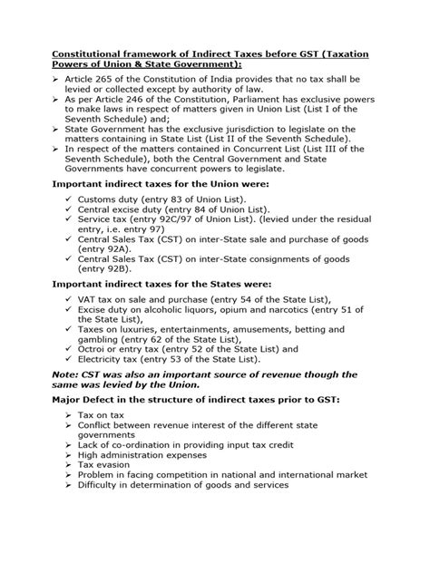 Constitutional Framework Of Indirect Taxes Before Gst Pdf