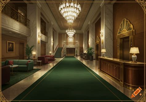 An Elegant Art Deco Hotel Or Cinema Lobby With A Grand Staircase Red