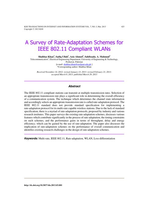 Pdf A Survey Of Rate Adaptation Schemes For Ieee 80211 Compliant Wlans