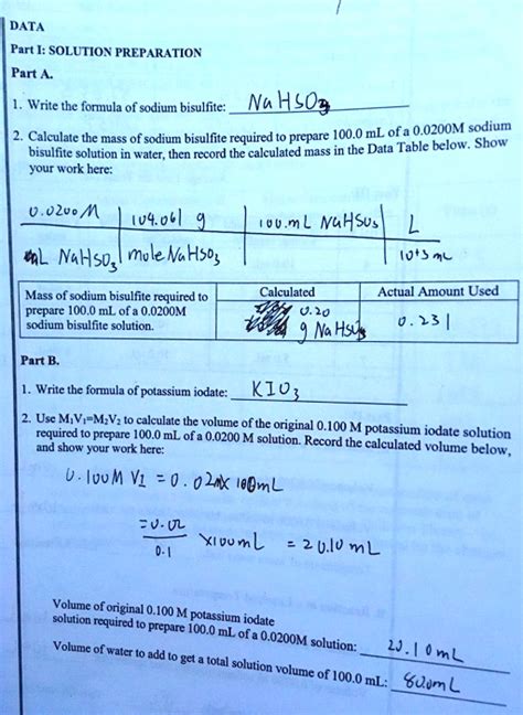 Solved Data Part I Solution Preparation Part A Write The Forula Of Sodium Bisulfite Nahsos