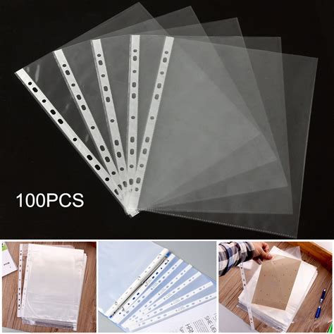 100PCS A4 Punched Pockets Folders Filing 11 Holes Loose Leaf Documents Sheet Protectors