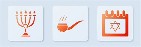 연기 하누카 메노라 유대인 달력과 데이비드의 별과 함께 흡연 파이프를 설정합니다 흰색 정사각형 버튼 벡터 12월에 대한 스톡