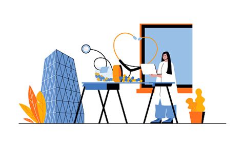 평평한 만화 디자인에서 사람들과 의료 서비스 웹 개념 여성은 의사로 일하고 온라인으로 환자와 연결하고 진단을 내립니다 소셜 미디어 배너 마케팅 자료에 대한 벡터 그림입니다