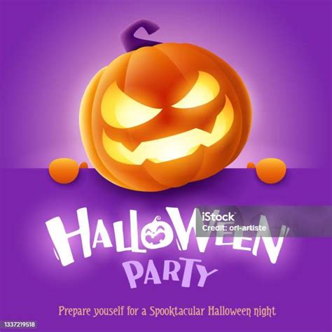 할로윈 파티 보라색 배경에 큰 인사말 간판 귀여운 빛나는 잭 O 랜턴 오렌지 호박 캐릭터의 3d 그림 3차원 형태에 대한 스톡 벡터 아트 및 기타 이미지 Istock