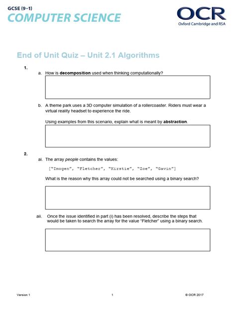 21 Algorithms End Of Unit Quiz Lesson Element Download Free Pdf
