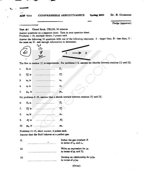 Exam With Solution For Compressible Aerodynamics Aoe 3114 Docsity