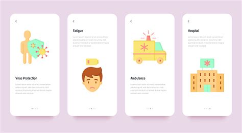평면 아이콘코로나바이러스 모바일 사용자 인터페이스 증상 및 예방 바이러스 보호 피로 구급차 병원 벡터 일러스트레이션 복사 공간이