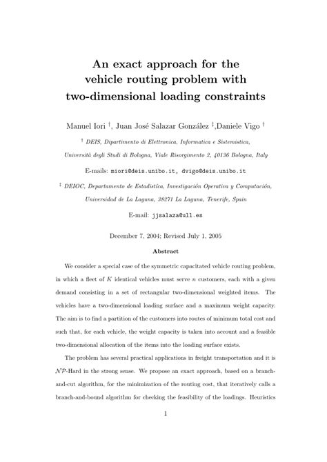 Pdf An Exact Approach For The Vehicle Routing Problem With Two Dimensional Loading Constraints