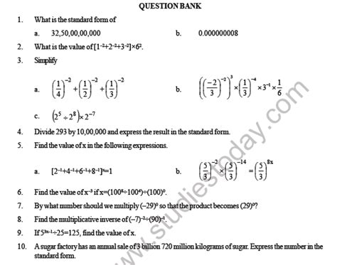 Cbse Class 8 Maths Exponents And Powers Question Bank Worksheets Library