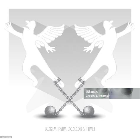 Silhouette Of Men Souls With Wings Chained To The Cast Iron Weight By