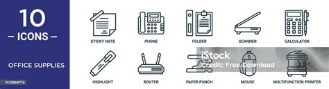 사무용품 개요 아이콘 세트에는 얇은 줄 스티커 메모 폴더 계산기 라우터 마우스 다기능 프린터 보고서 프리젠 테이션 다이어그램 웹