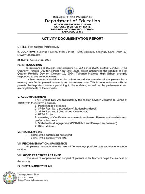 Activity Documentation Report First Quarter Pdf Learning