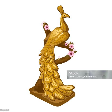 흰색 배경에 고립 된 나무 가지에 앉아 황금 공작의 조각상의 형태로 실외를 수영장 기념품 벡터 만화일러스트 레이 션 공작새에