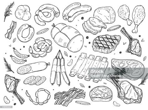 신선한 생고기 수집 스케치 벡터 그림 손으로 그린 음식은 디자인 요소를 분리했습니다 쇠고기 스테이크 햄 돼지 고기 필레 양고기 갈비 조각 갈비 음식에 대한 스톡 벡터 아트