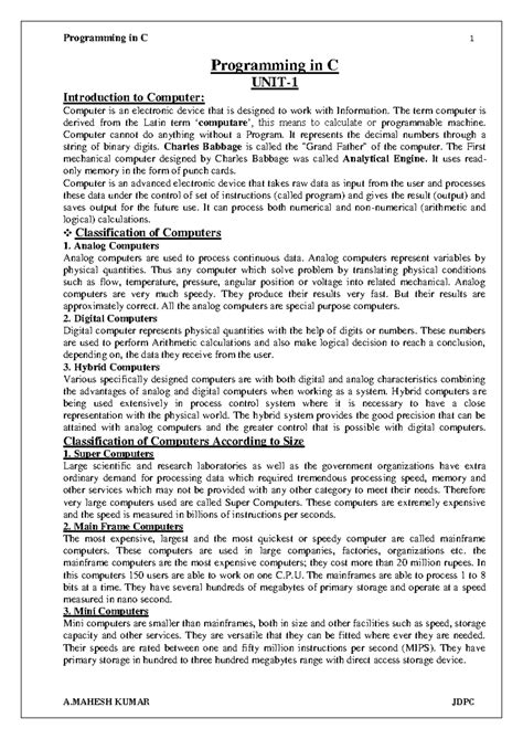 C Notes Programming In C Unit Introduction To Computer Computer Is An Electronic Device That