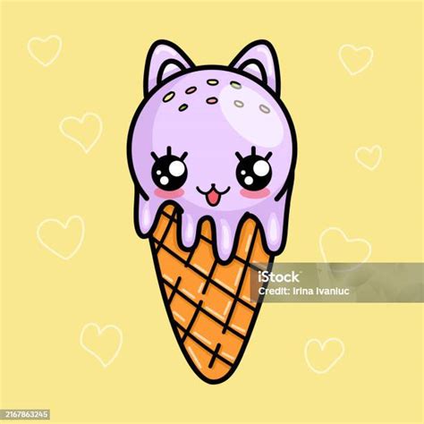고양이 귀와 귀여운 얼굴을 가진 귀여운 카와이 아이스크림 만화 벡터 일러스트 레이 션 Animated Feature Film Genre에 대한 스톡 벡터 아트 및 기타